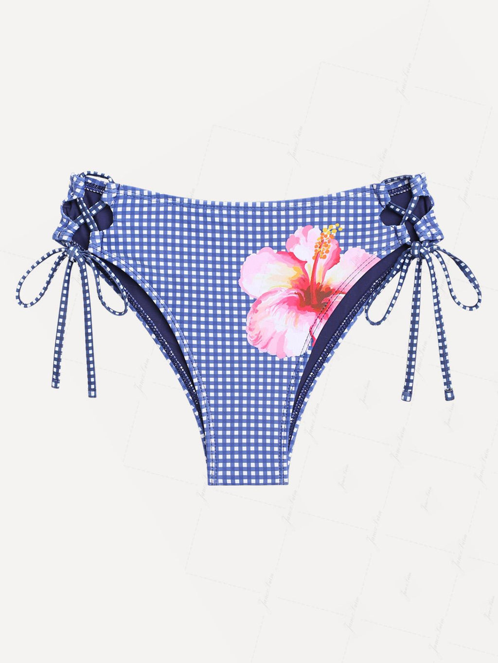 Deep Blue Plaid Floral Lace Up Side Coverage Bikini Bottom – Janexswim